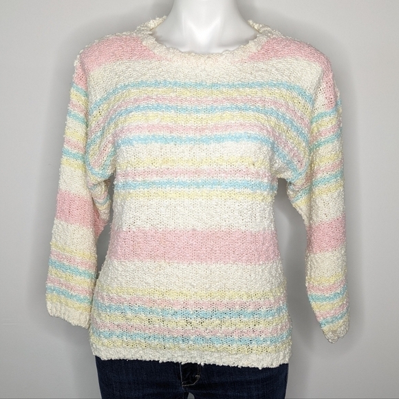 Vintage | Sweaters | Vintage Heres A Hug Pink Yellow Blue White Striped ...